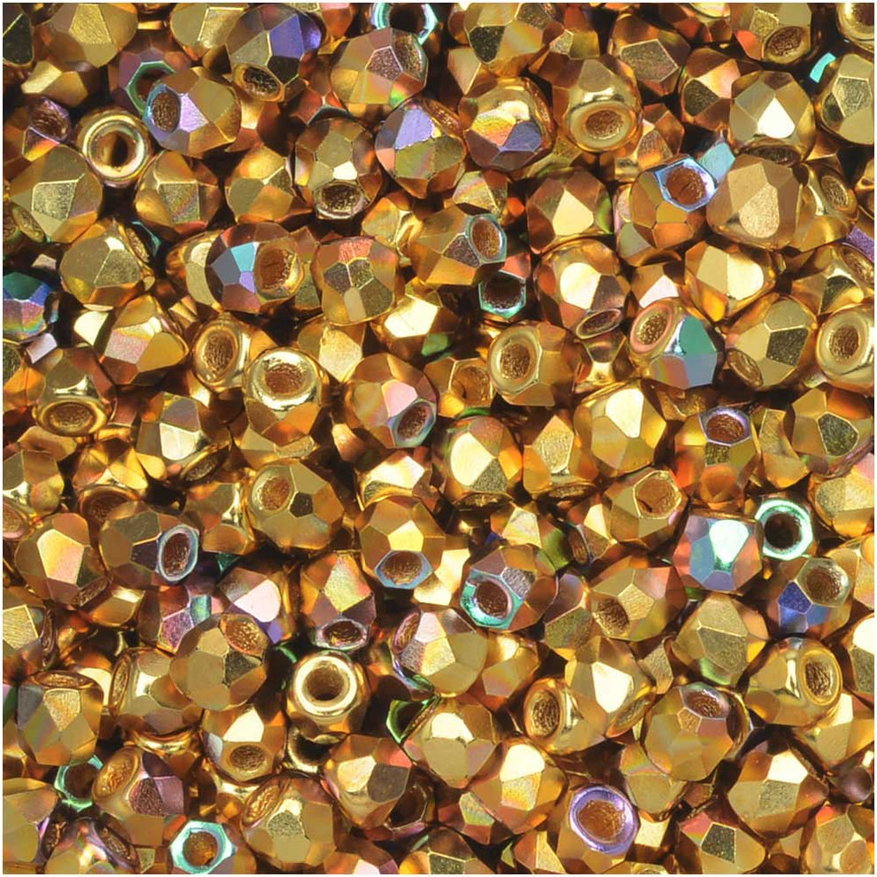 True 2 - 2mm Fire Polished Faceted Rounds - 24Kt Gold Plate AB - 100 p ...